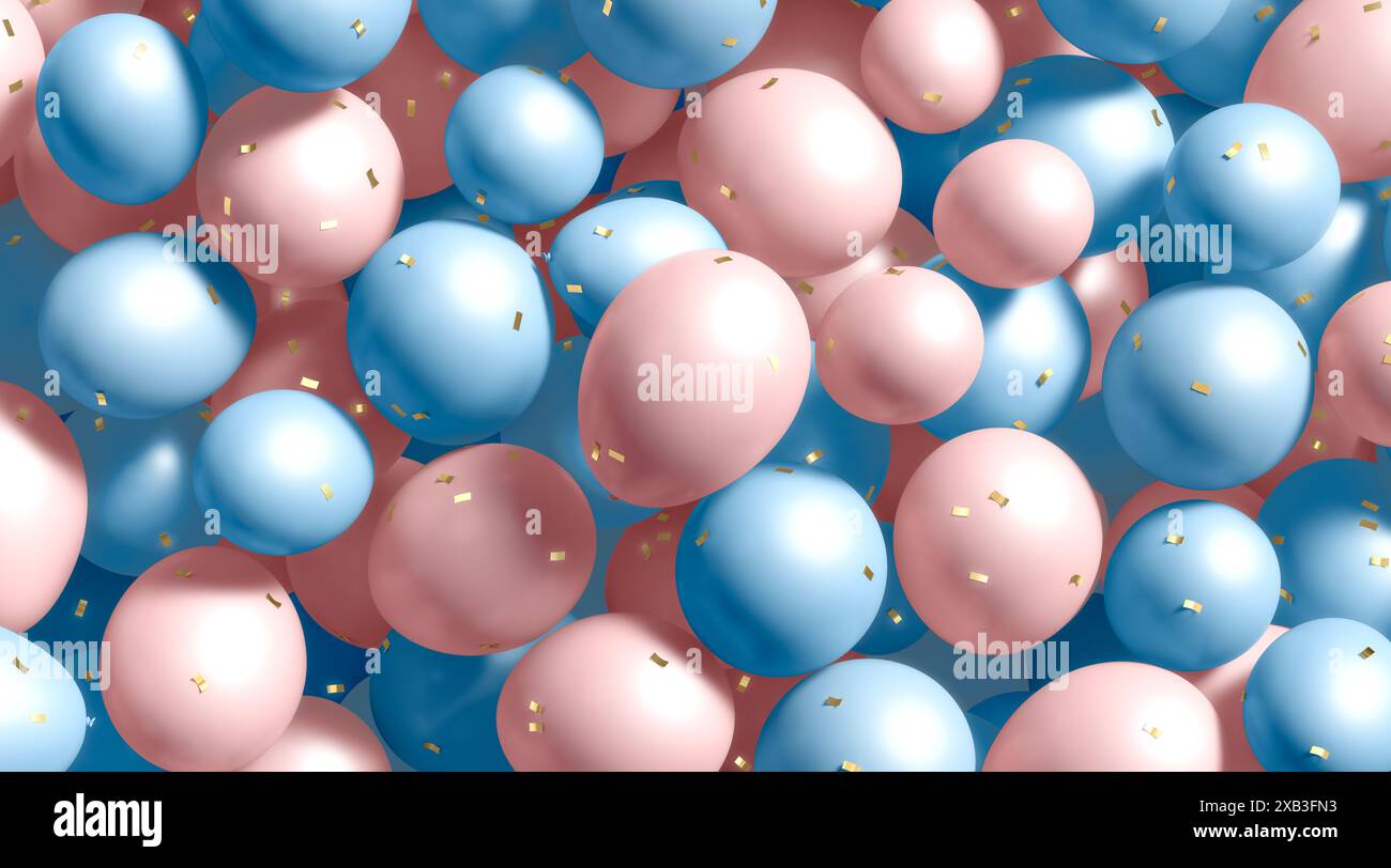 Stack of pink and blue round balloons with confetti mockup, 3d ...