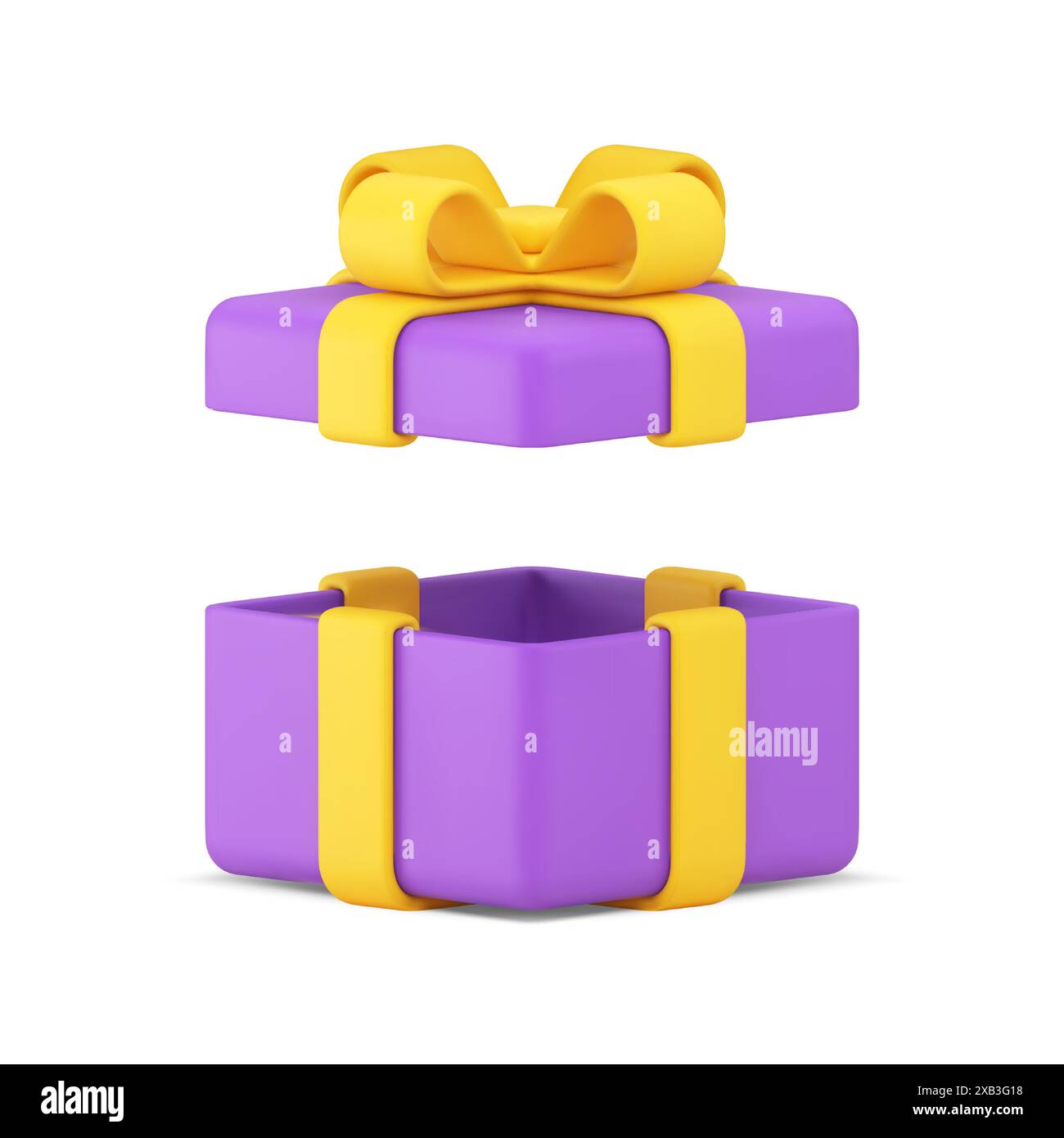 Open gift box purple wrapped package with flying cap yellow bow ribbon ...