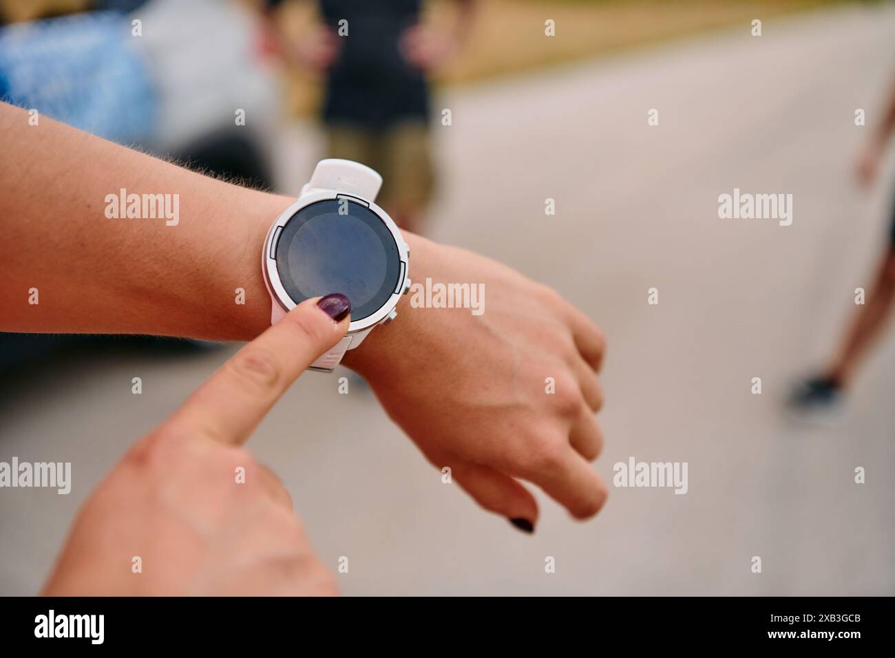 Close Up Woman Analyzing Workout Data on Smartwatch Post Run Stock ...