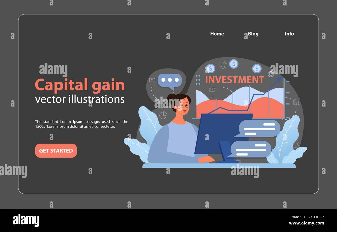 Capital gain concept. Confident investor observes rising graph ...