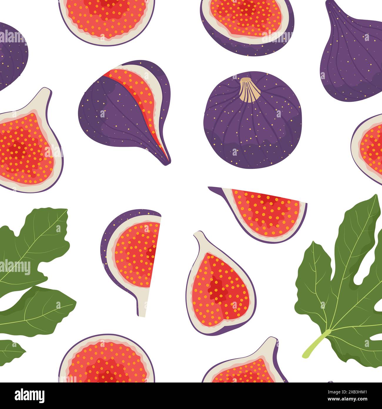 Seamless pattern of whole figs, fruit quarters, cut in half, and leaves ...