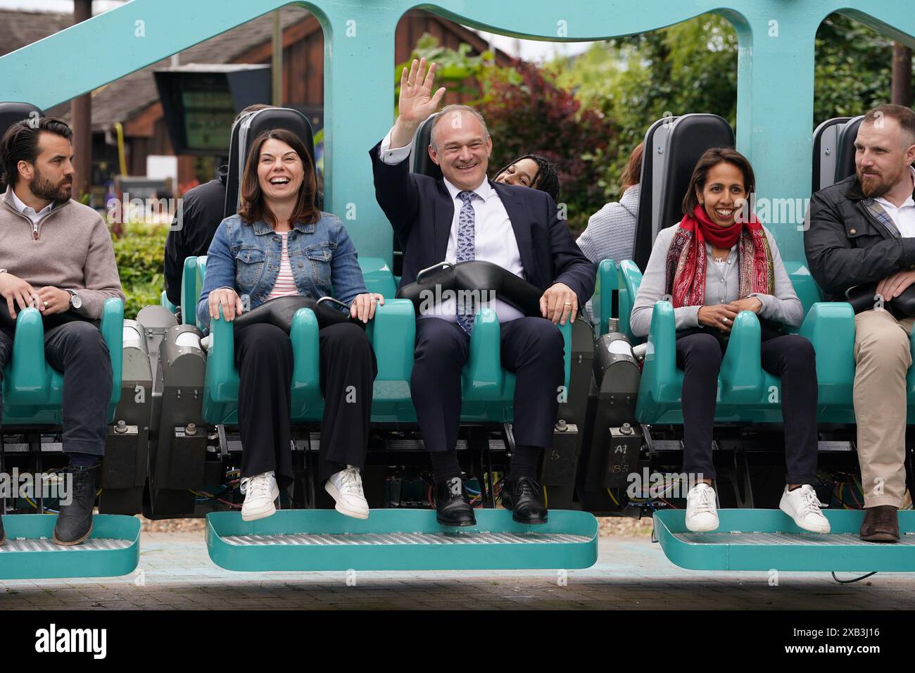 Liberal Democrats leader Sir Ed Davey during a visit to Thorpe Park in ...
