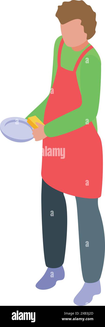 Restaurant staff member washing dishes wearing apron isometric 3d icon ...