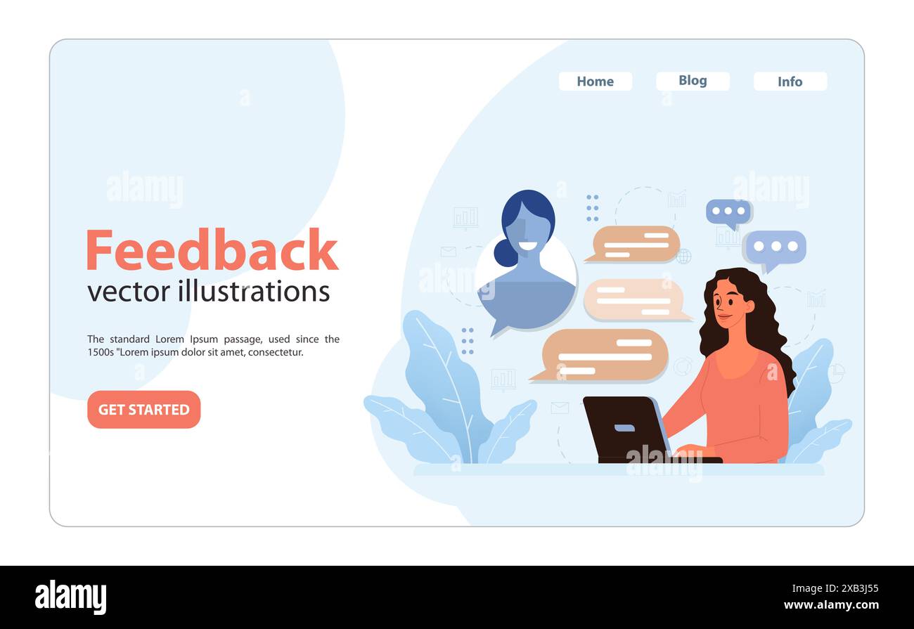 Online feedback concept visualized. Woman at laptop connecting with ...