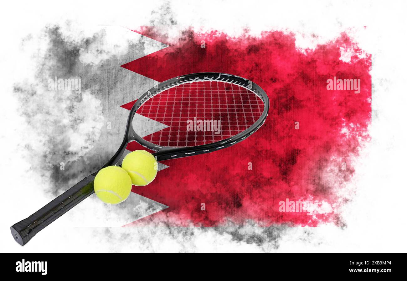 White background with Bahrain flag and tennis racket with balls Stock ...