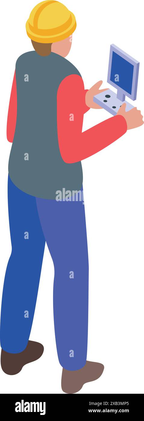 Drone operator wearing a safety helmet is controlling a drone with a remote controller Stock ...