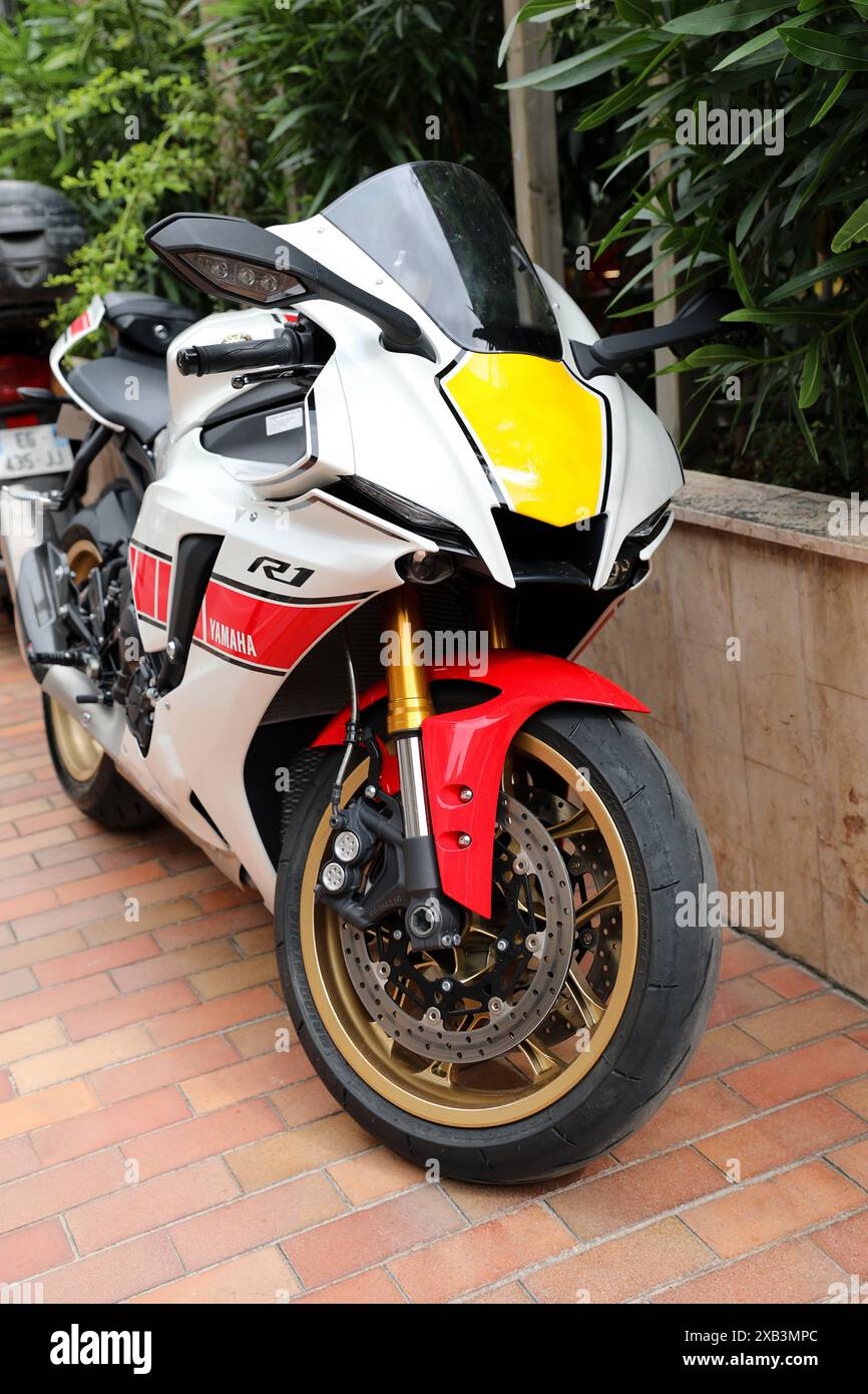 Monte-Carlo, Monaco - June 9, 2024: A close-up view of a white Yamaha ...