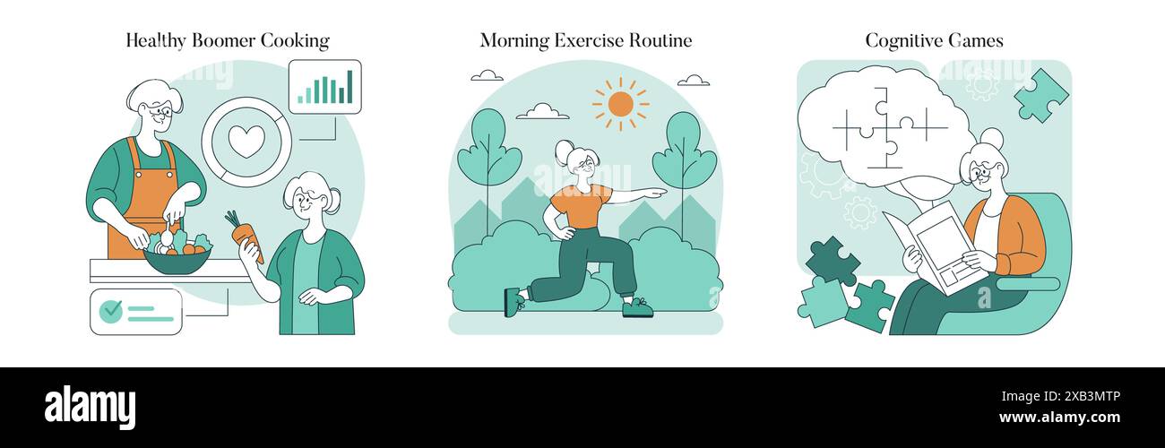 Boomer health set. Showcasing daily senior activities for wellness ...