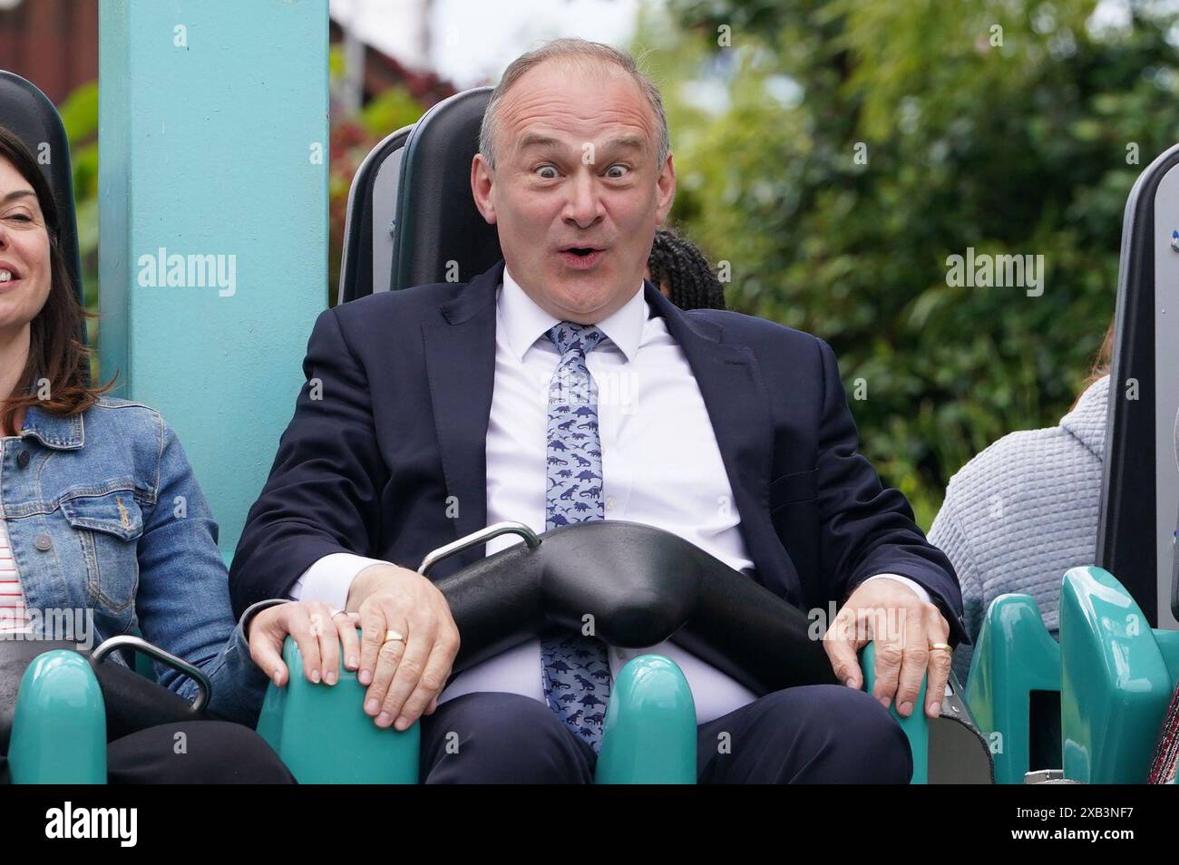 Liberal Democrats leader Sir Ed Davey during a visit to Thorpe Park in ...