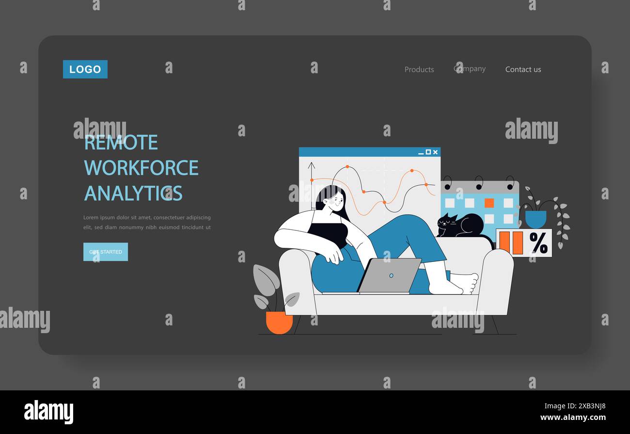 Remote Workforce Analytics concept Employee comfortably working from ... Remote Workforce Analytics concept Employee comfortably working from ...