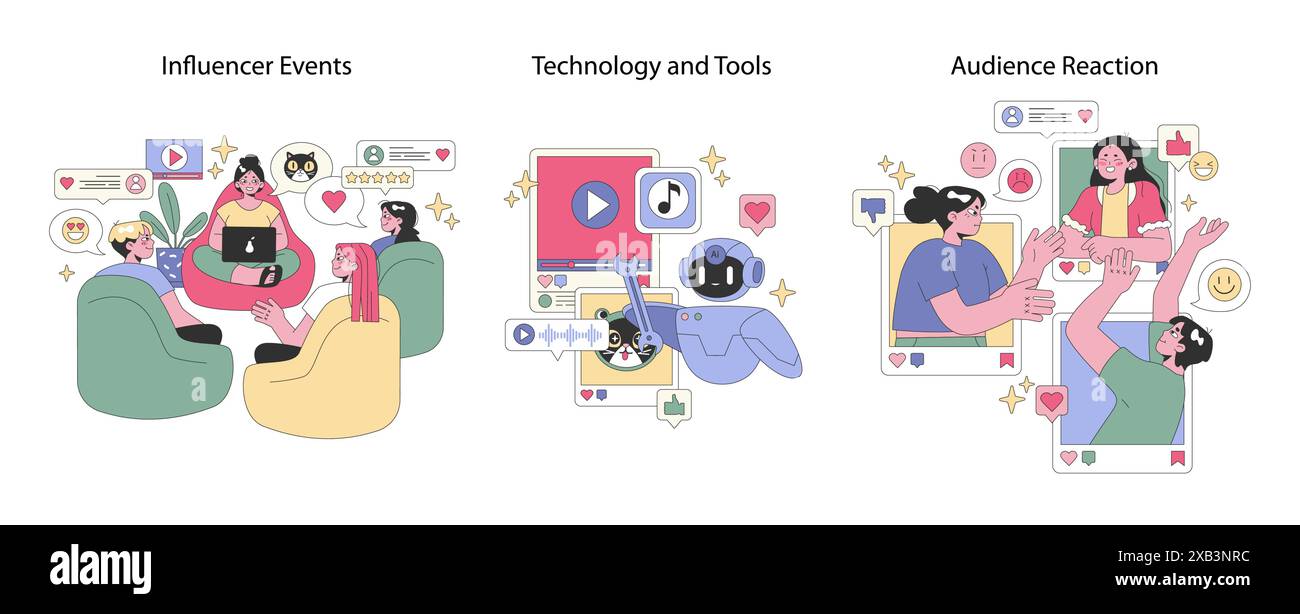 Social Influencer set. Content creators engaging with fans, utilizing ...