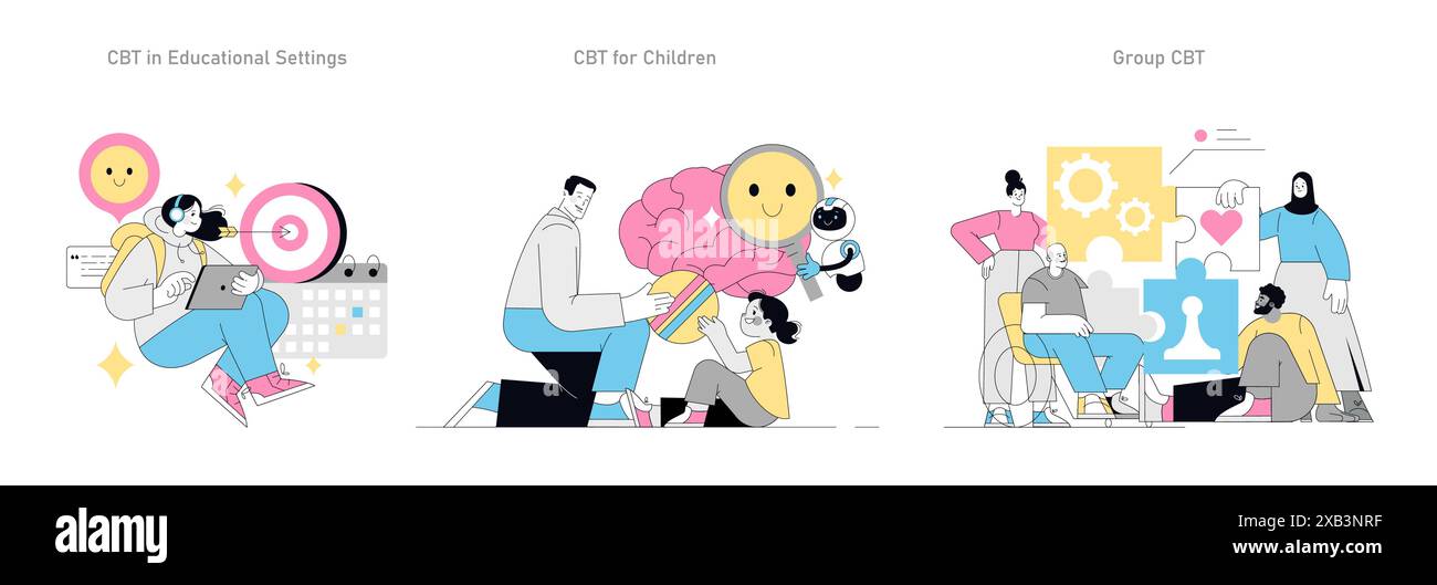 Cognitive Behavioral Therapy set. Exploration of CBT application in education, childhood, and ...