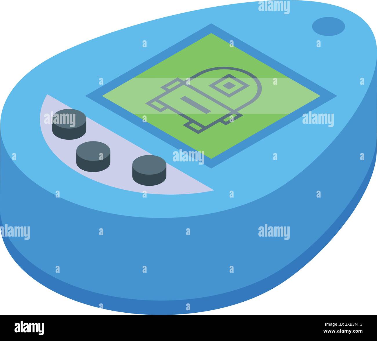 Illustration of a blue electronic toy with buttons and a screen showing ...