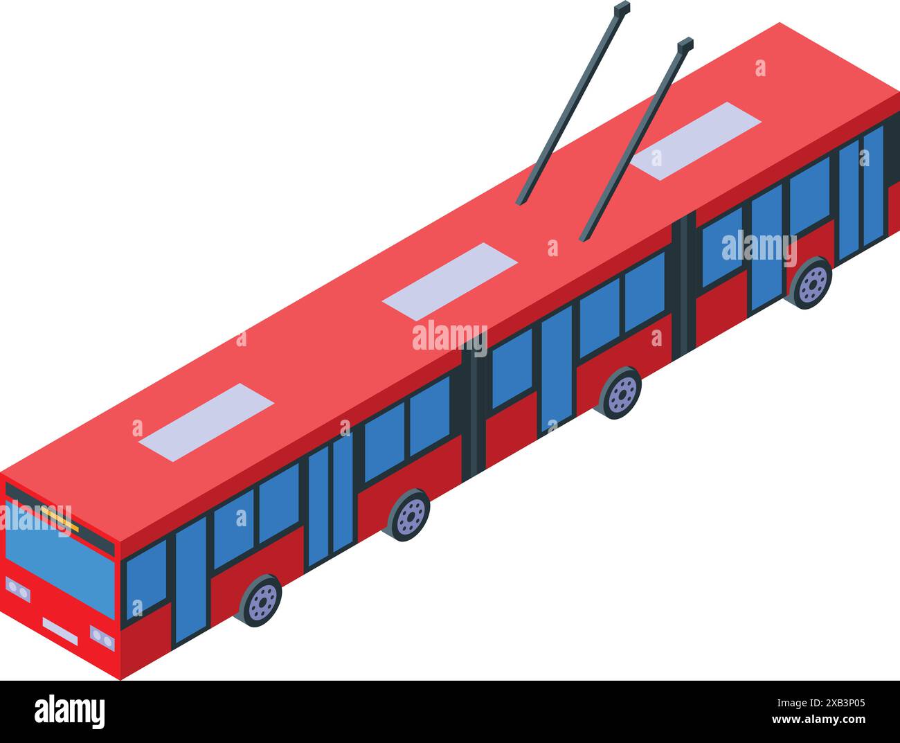 Red trolleybus driving through city street with pantograph extended ...