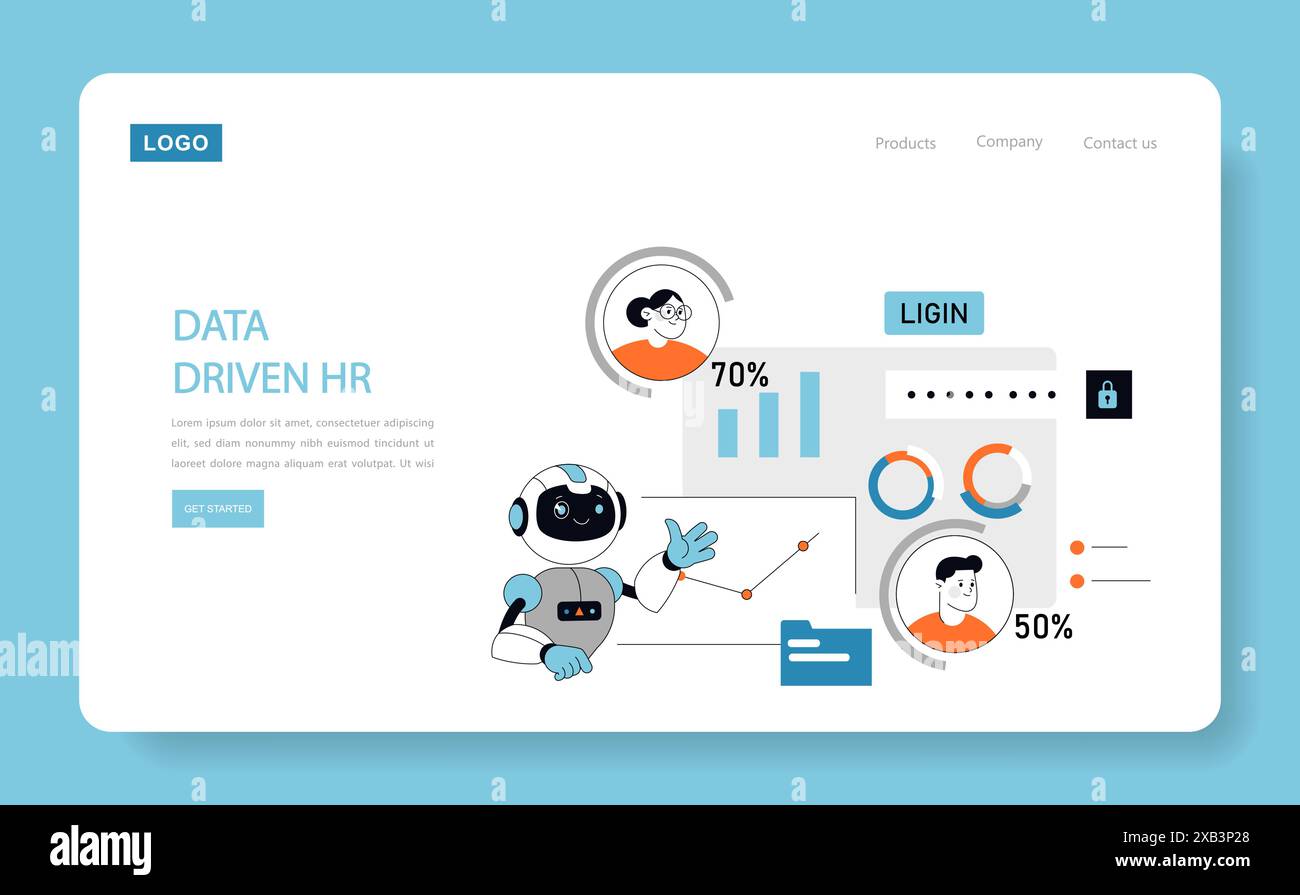 Data-Driven HR concept A friendly robot presents analytics on employee performance Secure login ...