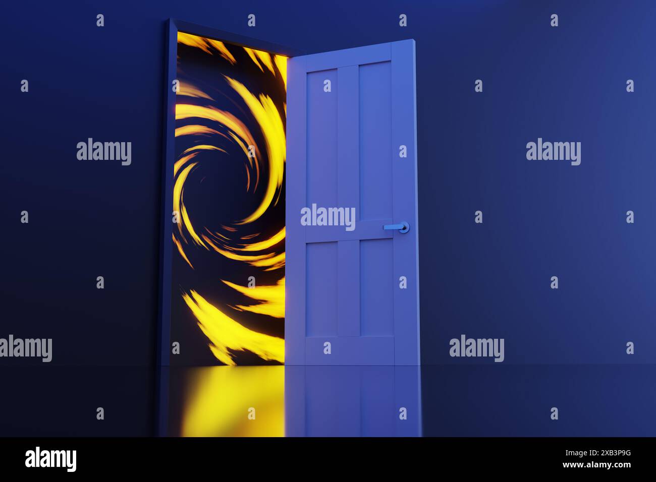 Yellow glowing and whirling vortex outside of an open door of a room ...