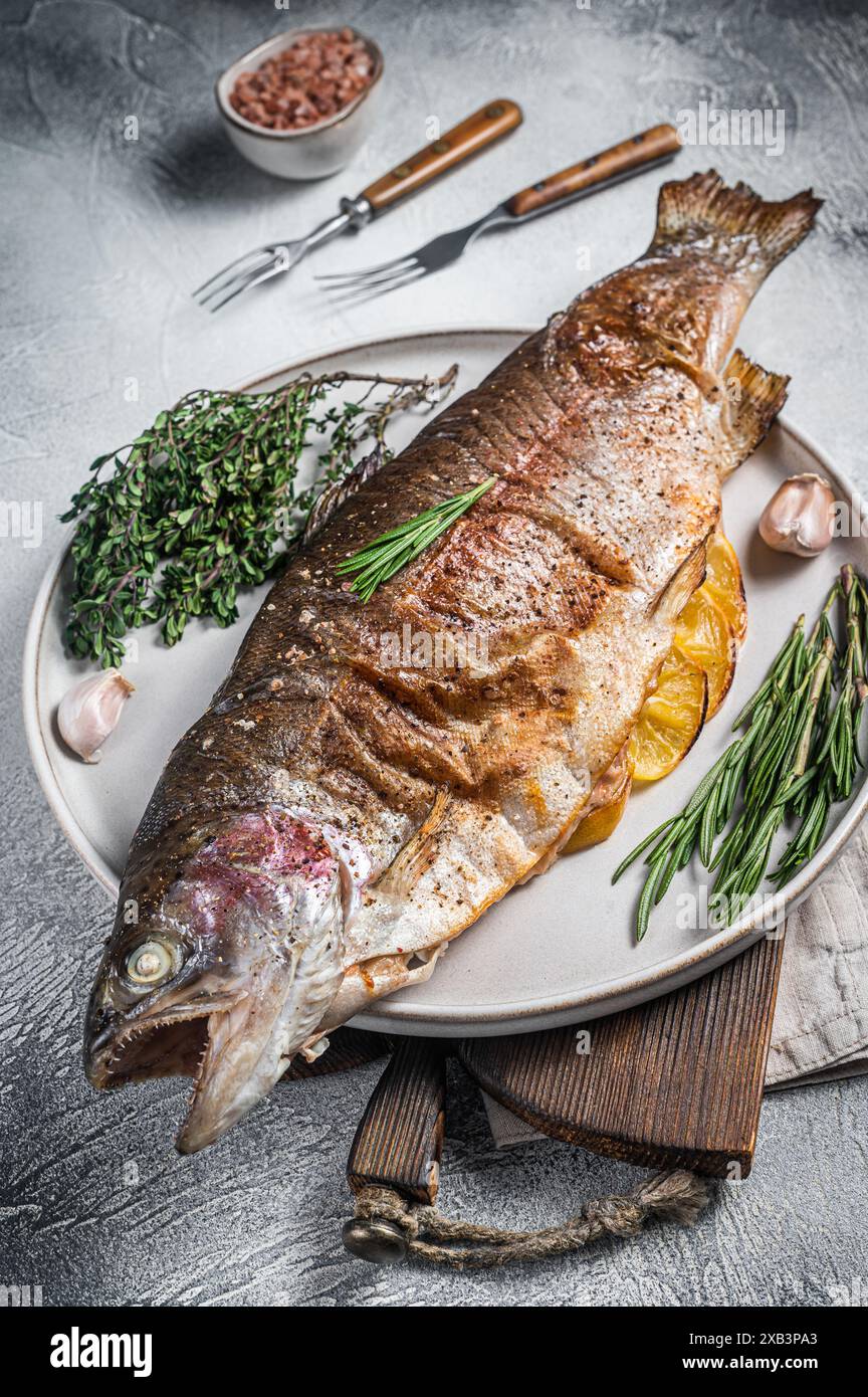 Baked silver trout, roasted fish on a plate with herbs. White ...