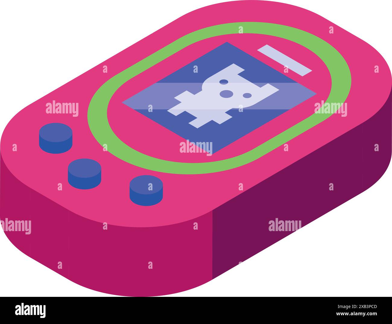 Pink handheld video game console with a pixelated monster character on ...