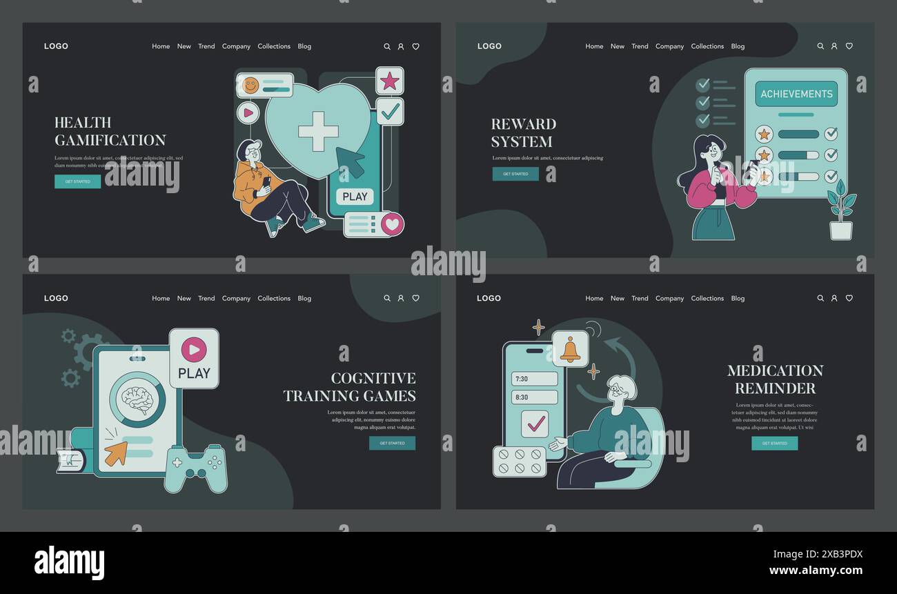 Health Gamification set. Digital interfaces engaging users in wellness ...