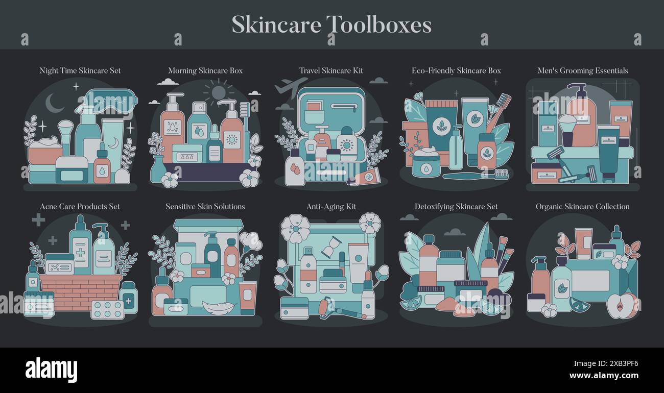 Skincare Toolboxes set. Night and morning routines, travel kits, eco ...