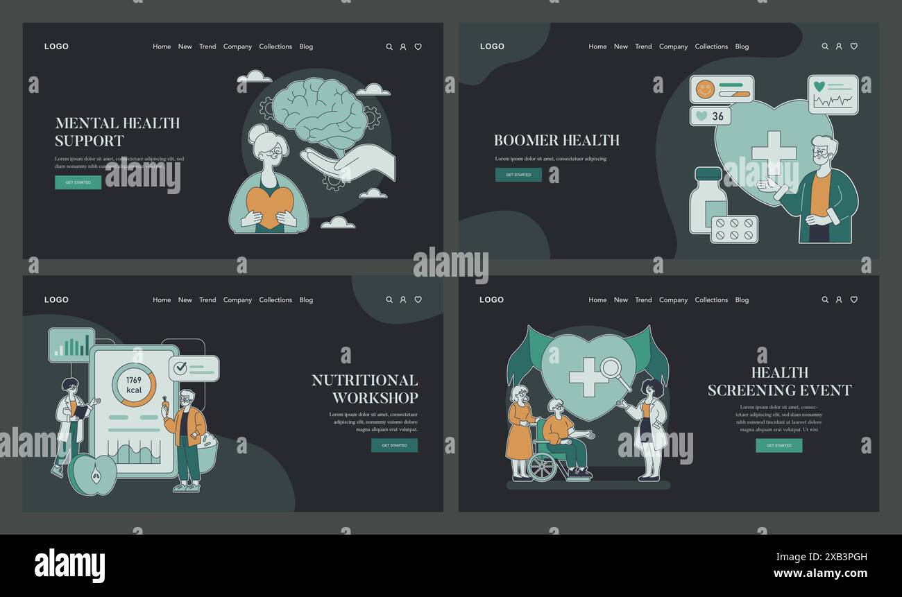 Healthcare web banner set. Outreach concepts for mental support, boomer ...