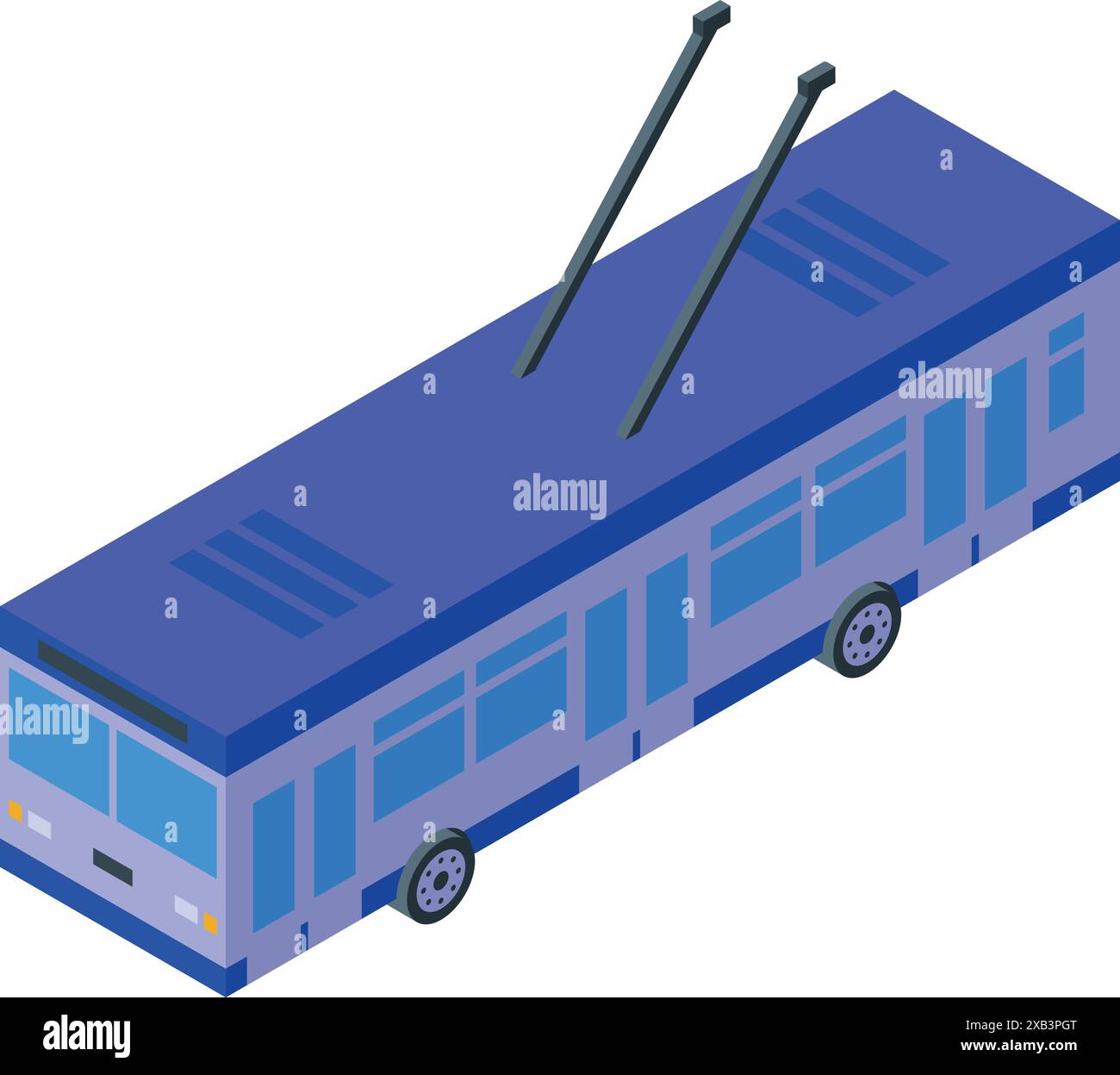 Blue trolleybus moving through city street, public transport isometric ...