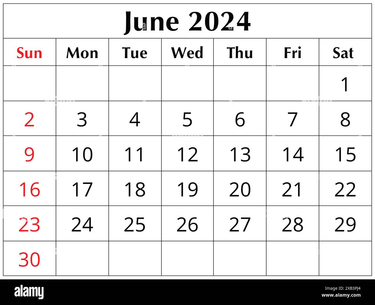 June 2024 ENGLISH month calendar. printable illustration. Monthly ...