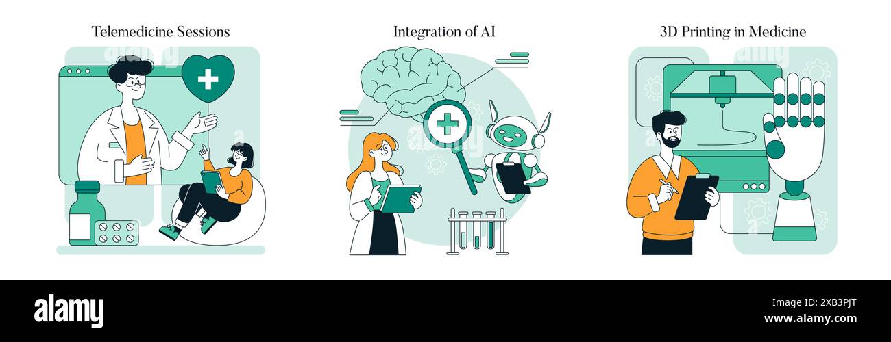 Tech-Enabled Health set. Illustrating telemedicine, AI integration, and ...