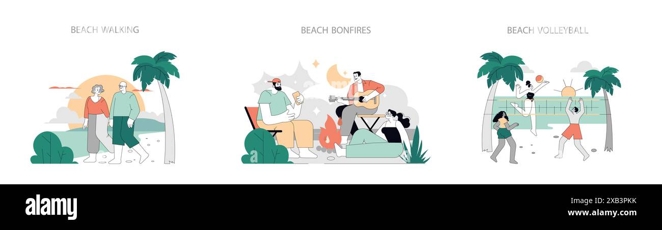 Summer Activities set. Leisure moments of beach walking, bonfires, and ...