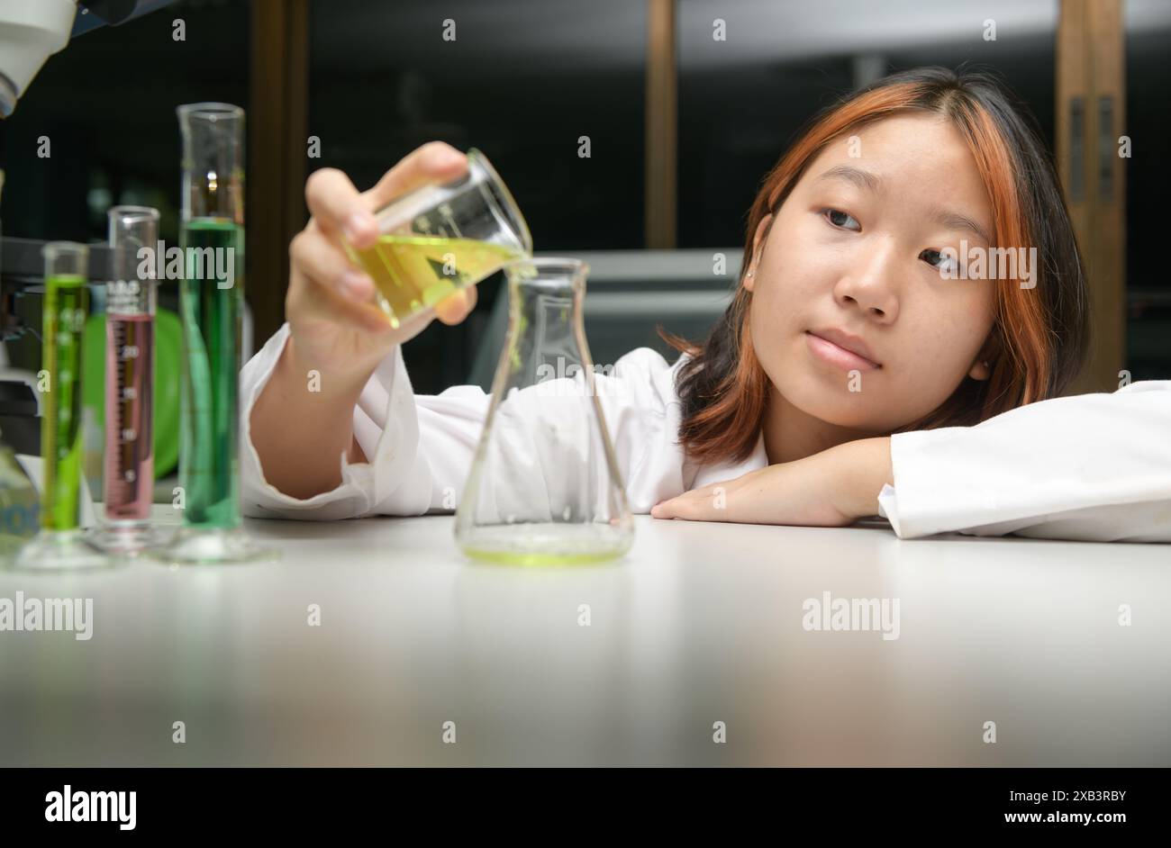 Education concept. Little scientists children is pouring the solution ...