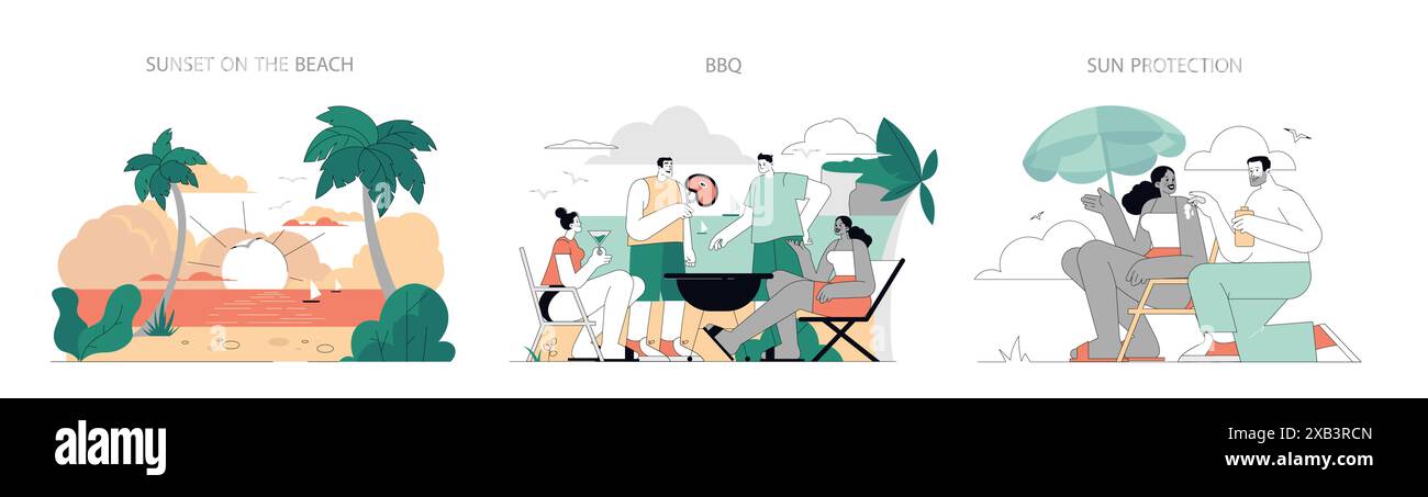 Summer Activities set. A trio of illustrations depicting leisure scenes ...