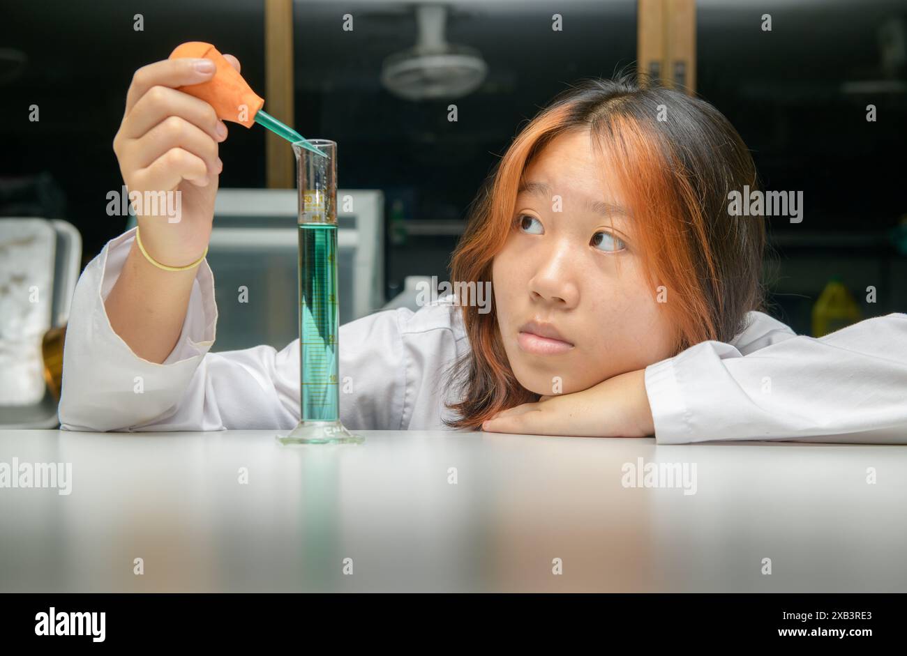 girl scientist loads liquid sample into test tube with plastic pipette ...
