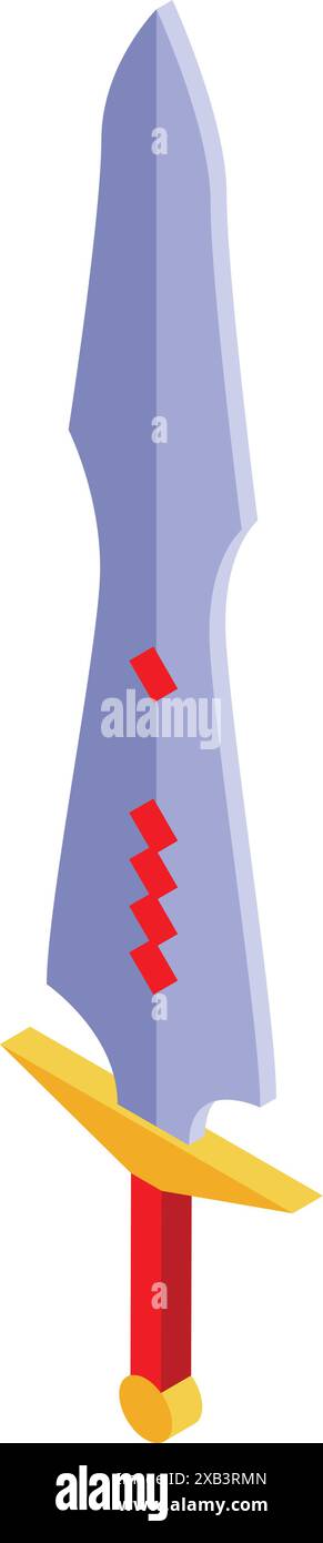 Large sharp fantasy sword pointing up with red square details isometric ...