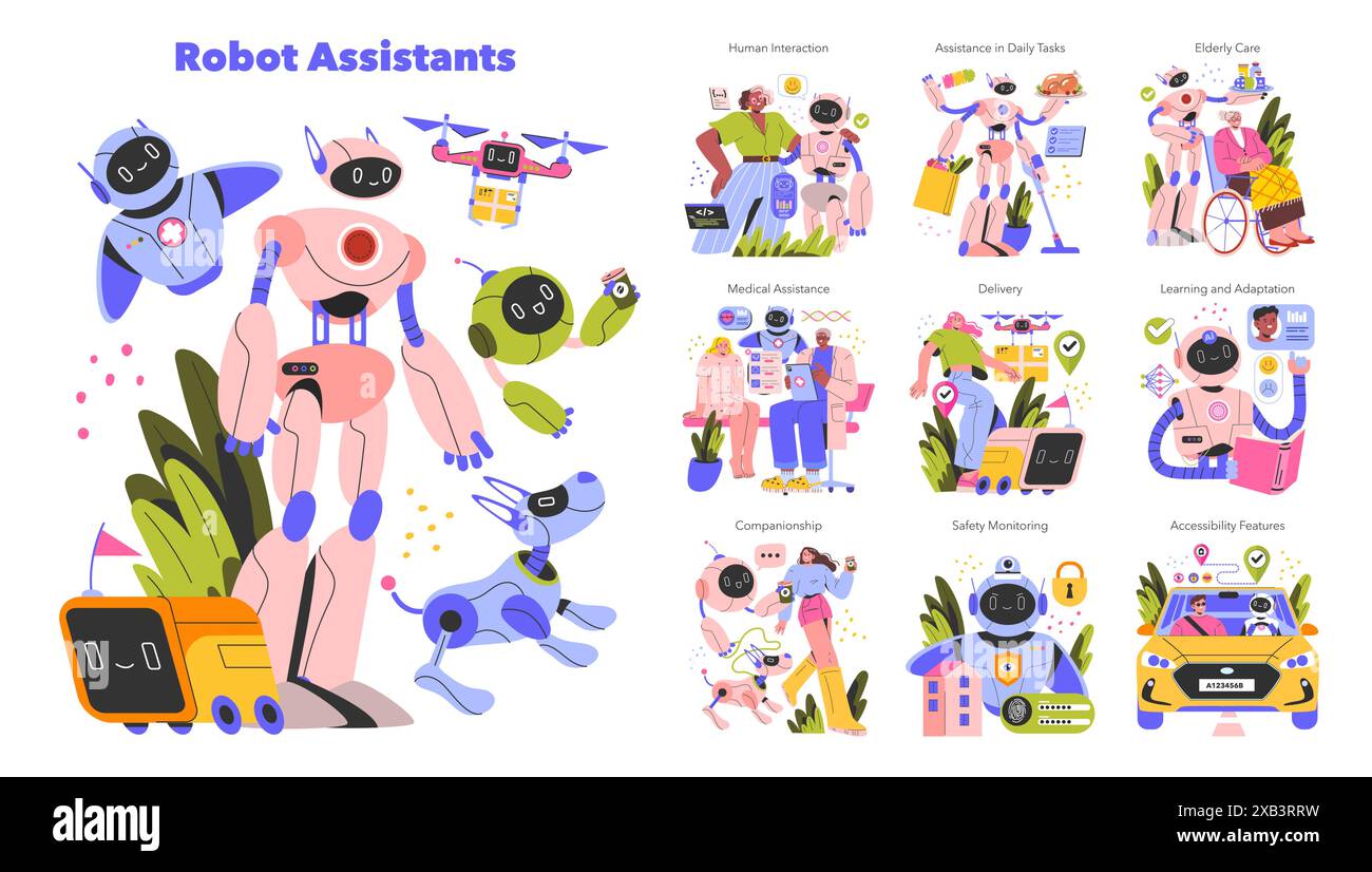Robot Assistants concept. Diverse robots helping humans with daily tasks, healthcare, and ...
