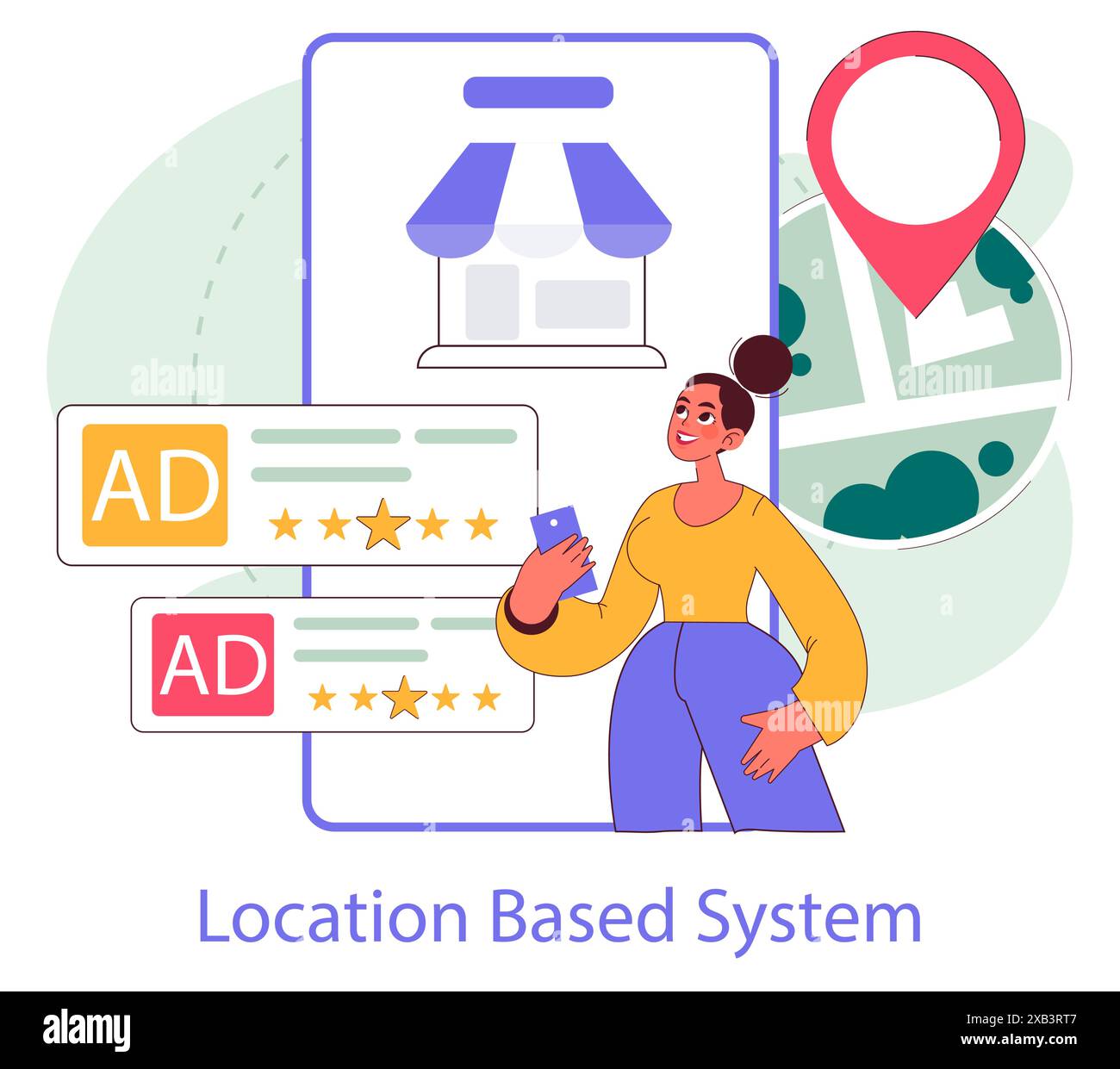 Mobile Marketing concept. A woman engages with location-based ads on ...