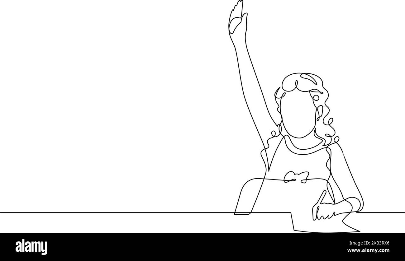 continuous line drawing of school girl raising hand for signal answer ...