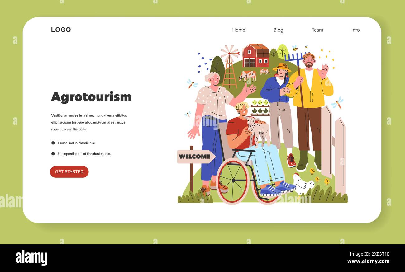 Agrotourism concept. Welcoming farmers and diverse visitors enjoy rural ...