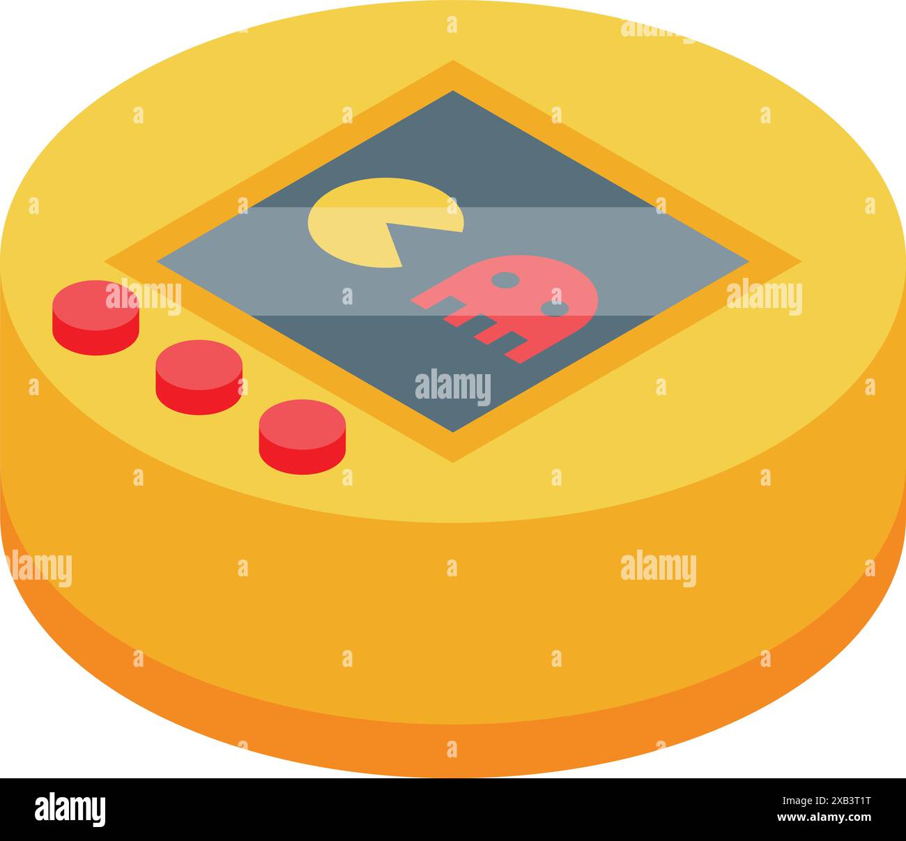 Yellow handheld game console showing pixelated game on screen, isolated ...