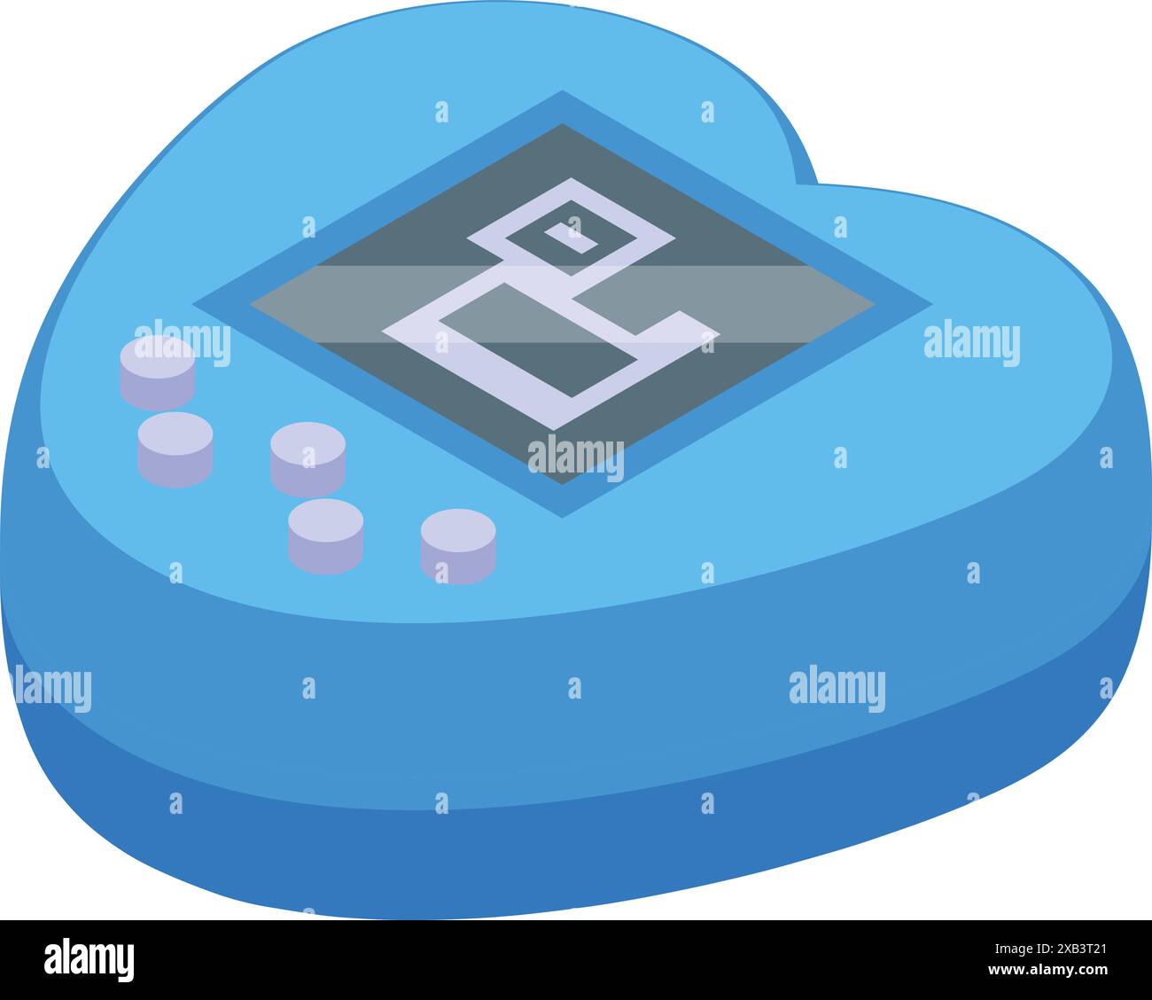 Blue heart shaped digital pet game with pixelated buttons and a screen ...