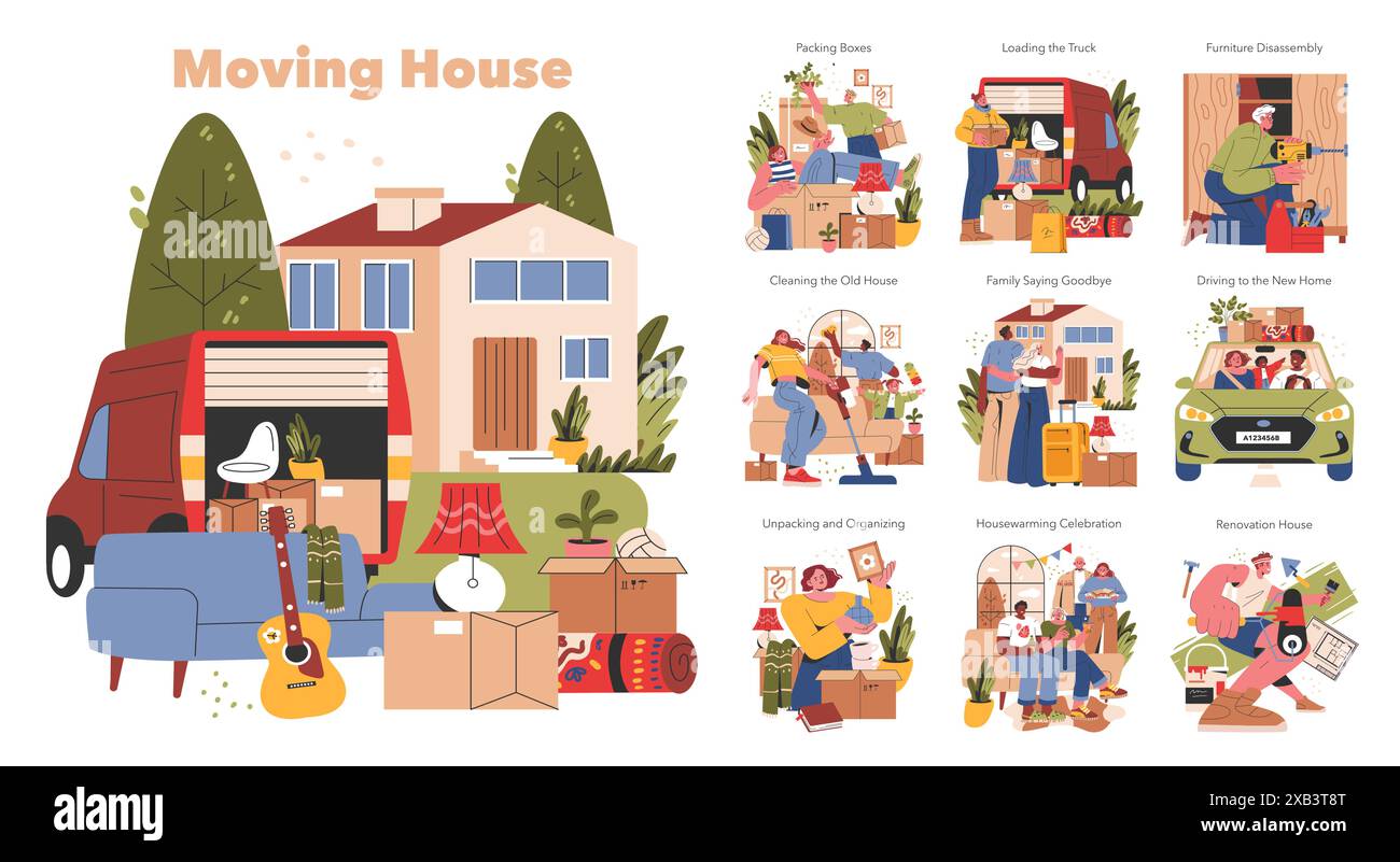 Moving House concept. Transition from packing, cleaning, and farewells ...