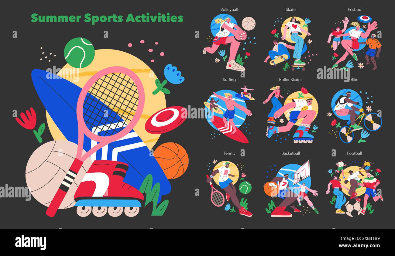 Summer Sports Activities set. Dynamic collection capturing the fun of ...