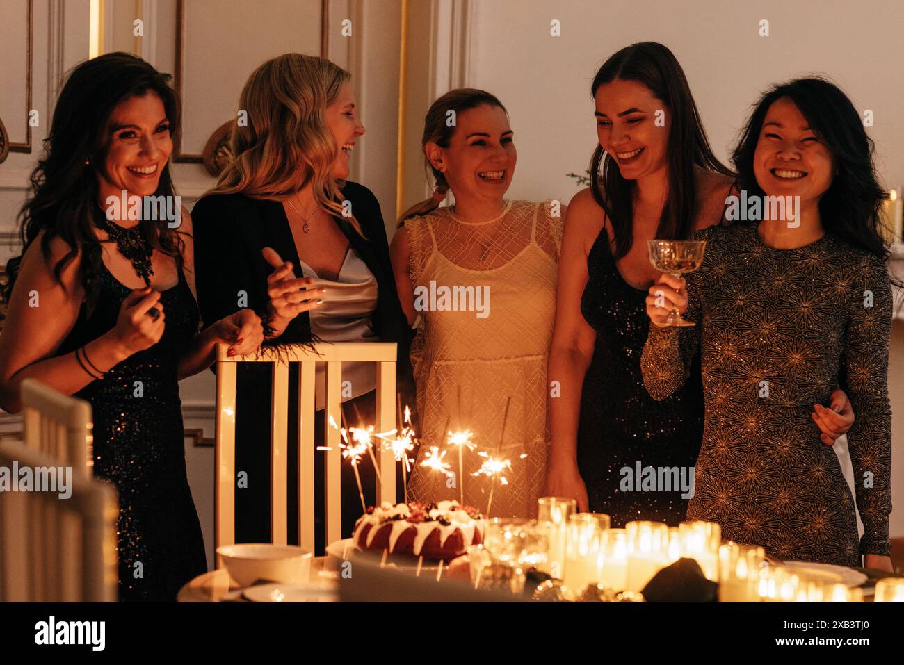 Attractive young women in evening dresses are having fun at a party ...
