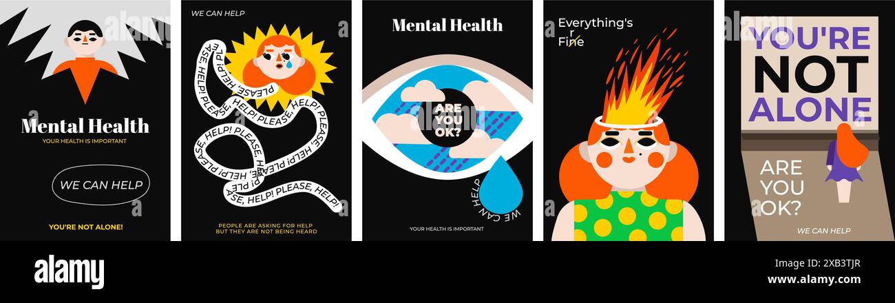A collection of posters about mental health, emotional burnout ...