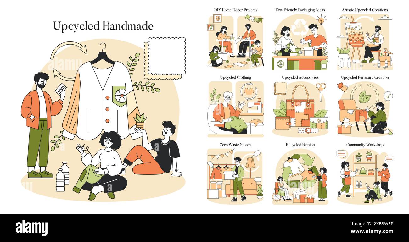 Upcycled Handmade set. Creative reuse in fashion, decor, and art projects. Sustainable lifestyle ...