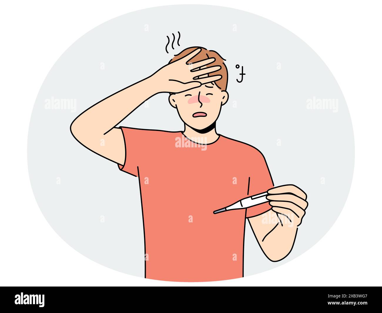 Unwell man suffer from influenza or fever measure high temperature on ...