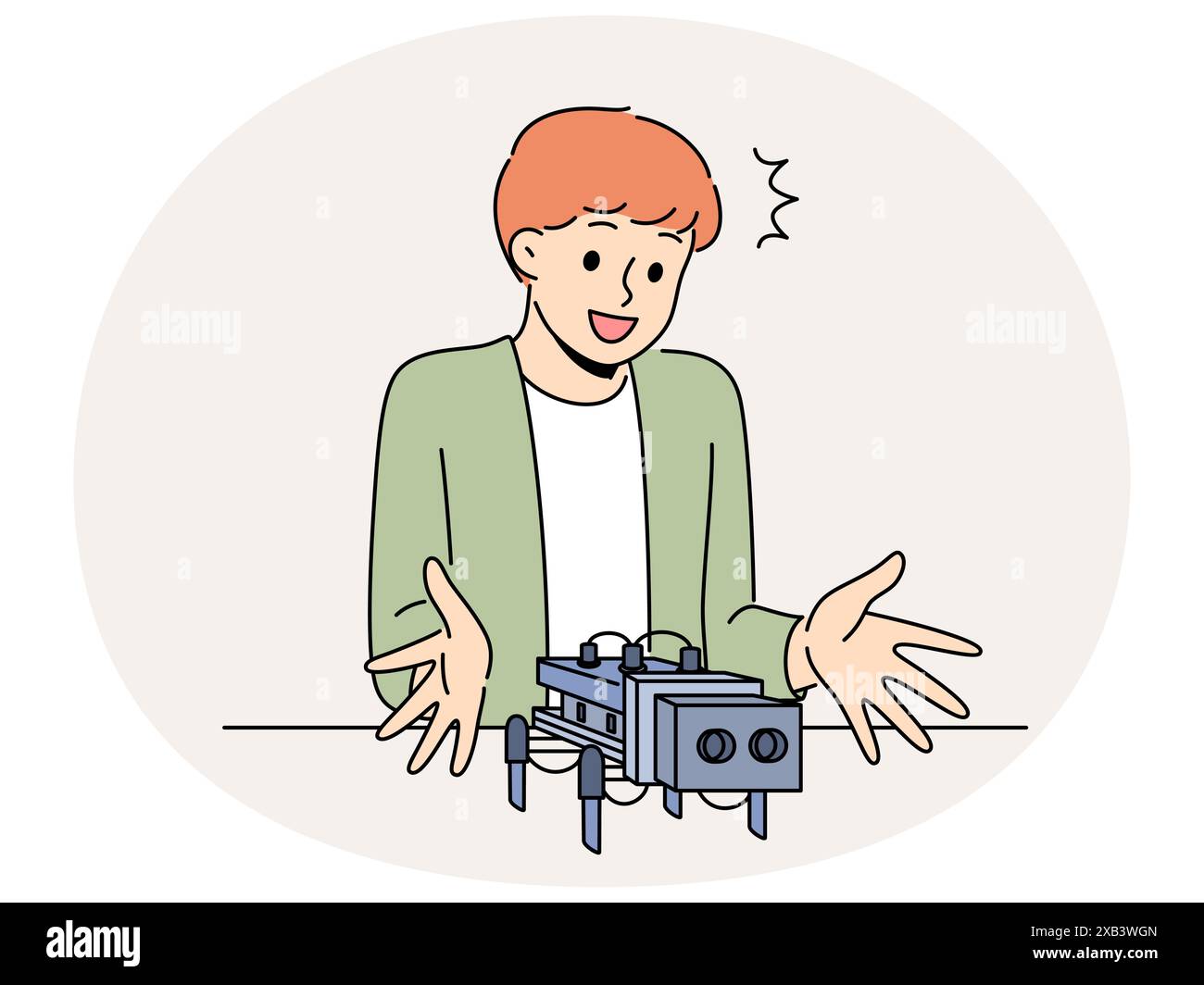 Smiling little boy creating robot. Happy small child sit at table ...