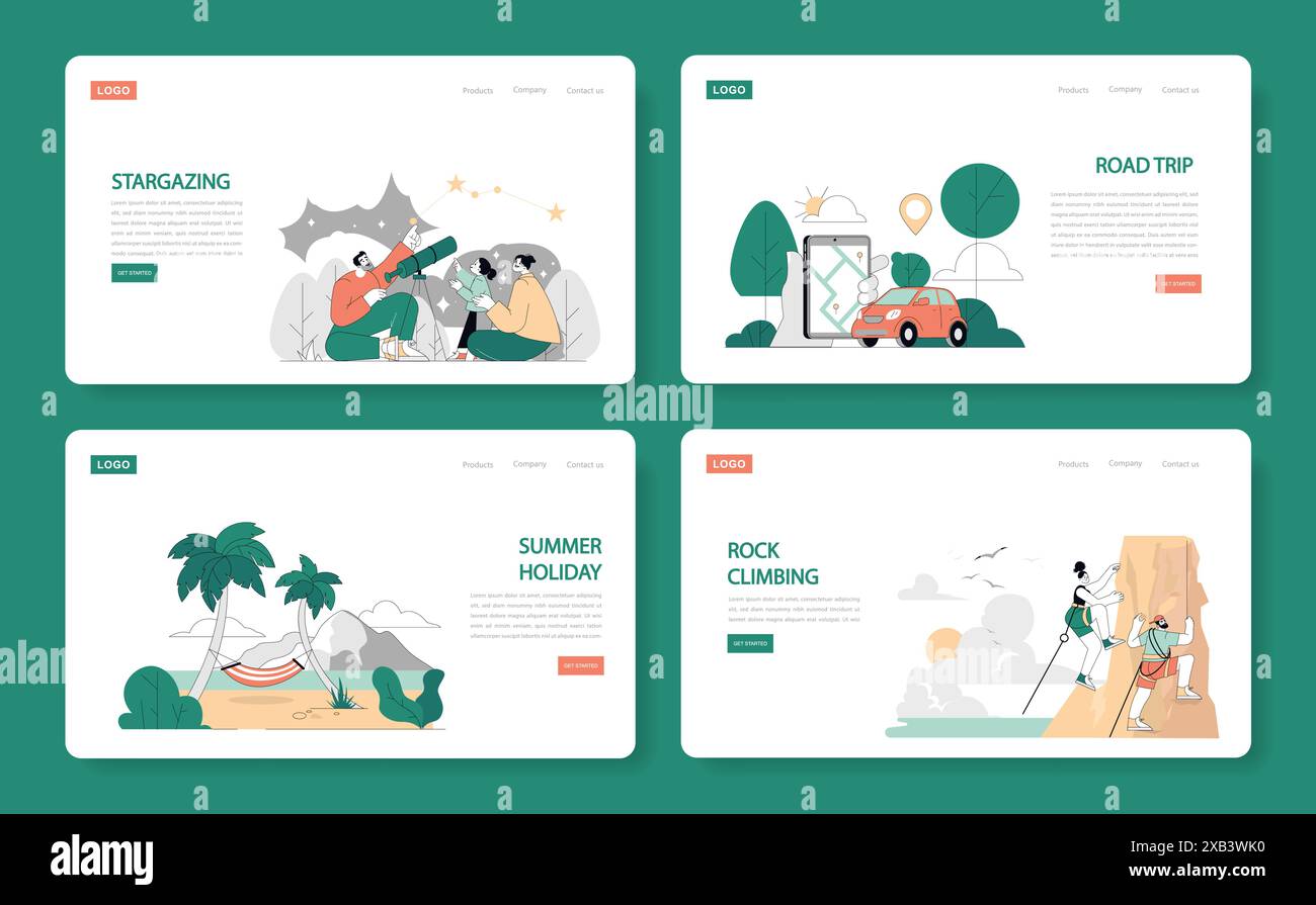 Summer Activities set. Friends enjoy stargazing, planning road trips ...