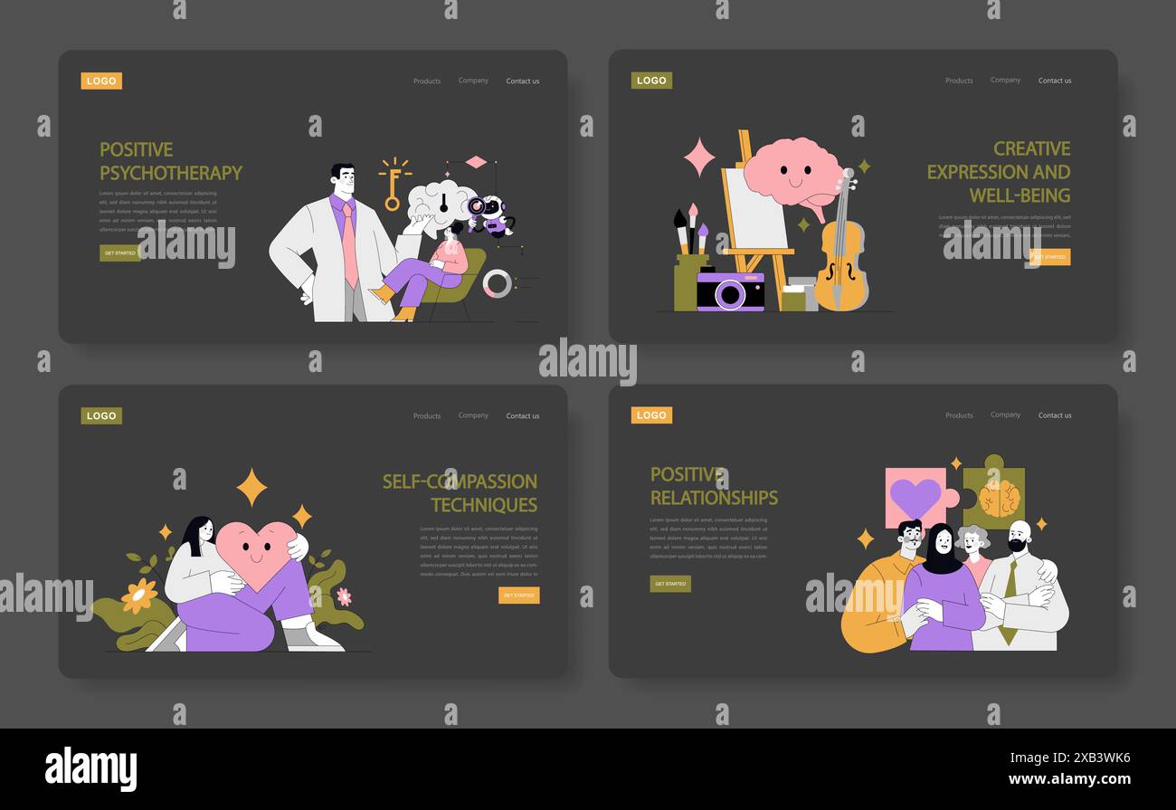 Positive Psychology set. Illustrations portraying key aspects: therapy ...