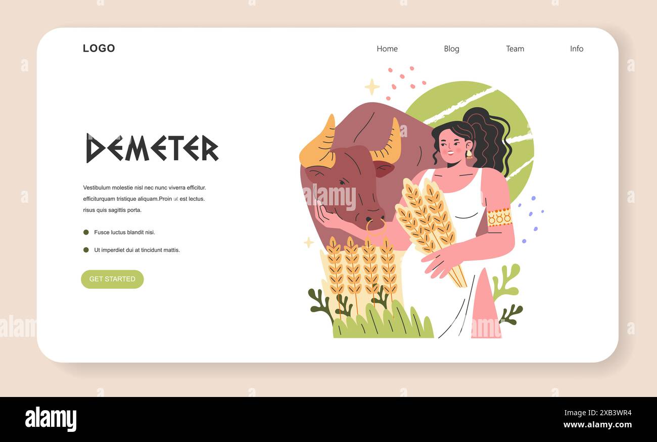 Ancient Greek Gods concept. Demeter, goddess of agriculture, alongside a bull, represents ...