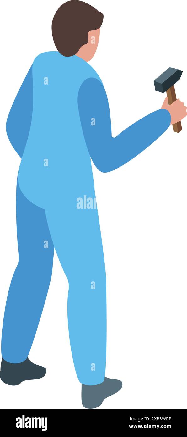 Construction worker holding hammer standing back view building house 3d ...